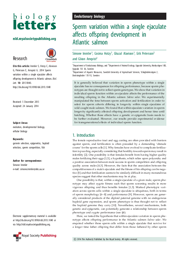 (PDF) Sperm variation within a single ejaculate affects offspring ...
