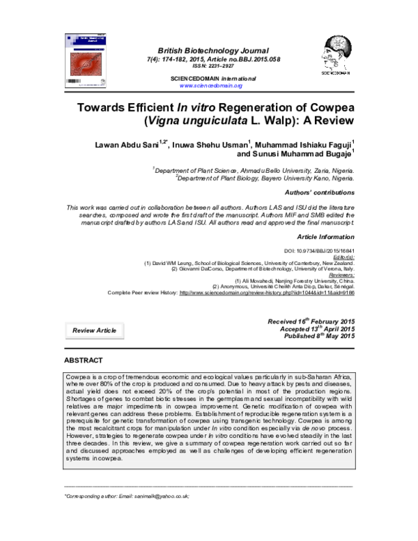 (PDF) Towards Efficient In vitro Regeneration of Cowpea (Vigna ...