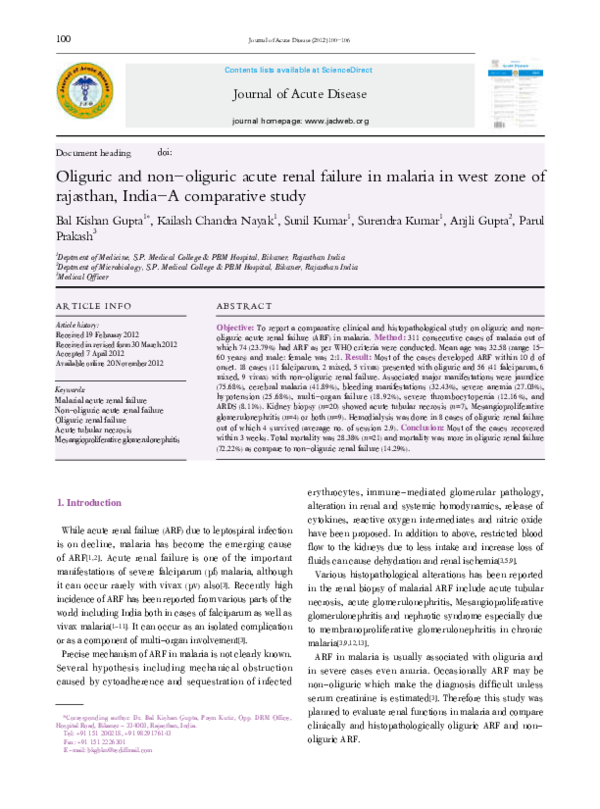 (PDF) Oliguric and non-oliguric acute renal failure in malaria in west ...