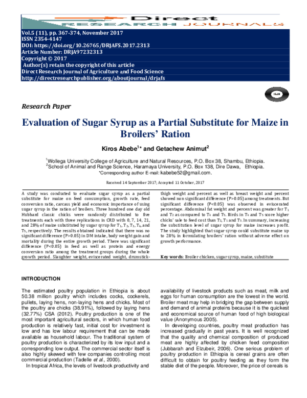 (PDF) Evaluation of Sugar Syrup as a Partial Substitute for Maize in ...