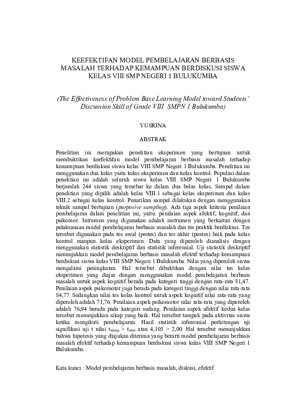 (DOC) Keefektifan Model Pembelajaran Berbasis Masalah Terhadap Kemampuan Berdiskusi Siswa Kelas ...