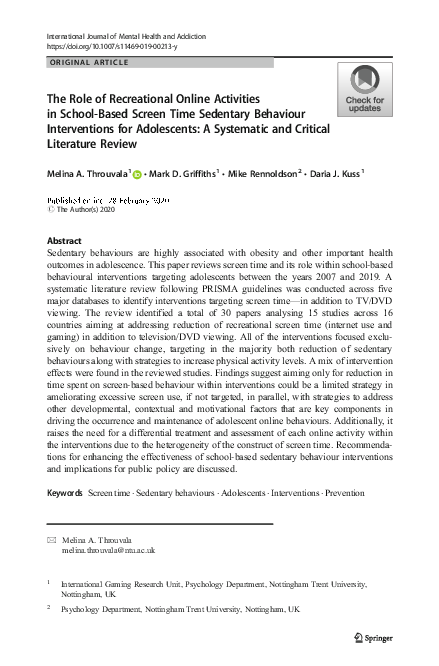 Pdf The Role Of Recreational Online Activities In School Based Screen