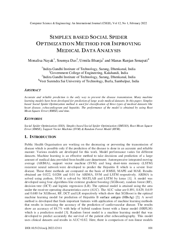 (PDF) Simplex based Social Spider Optimization Method for Improving Medical Data Analysis