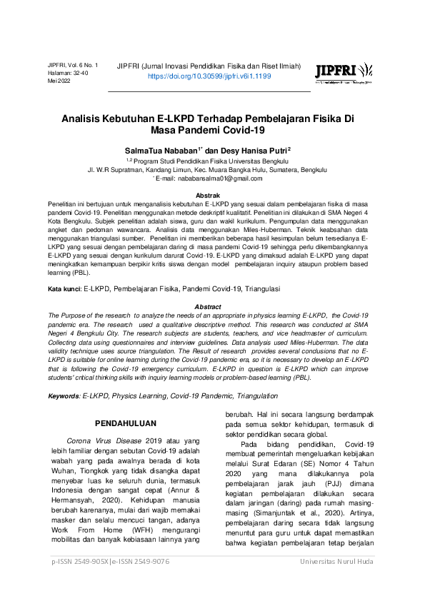 (PDF) Analisis Kebutuhan E-LKPD Terhadap Pembelajaran Fisika Di Masa Pandemi Covid-19