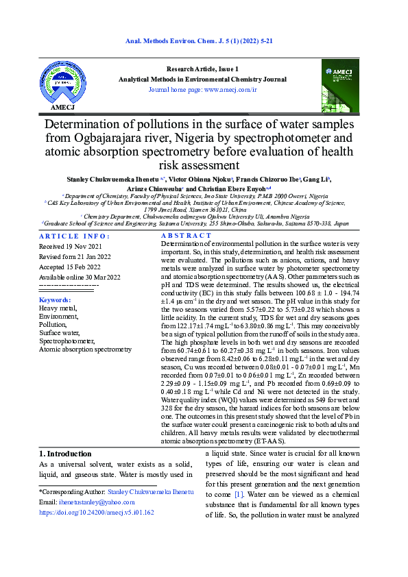 (PDF) Determination of pollutions in the surface of water samples from ...