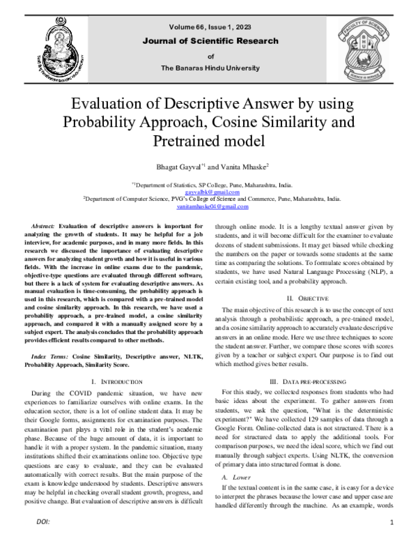(PDF) Evaluation of Descriptive Answer by using Probability Approach, Cosine Similarity and ...
