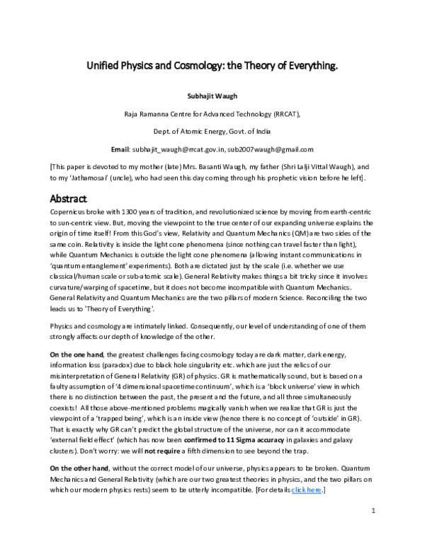 (PDF) Unified Physics and Cosmology: the Theory of Everything