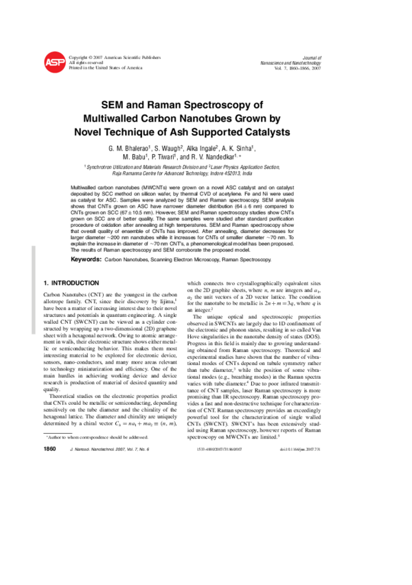 (PDF) SEM and Raman Spectroscopy of Multiwalled Carbon Nanotubes Grown by Novel Technique of Ash ...