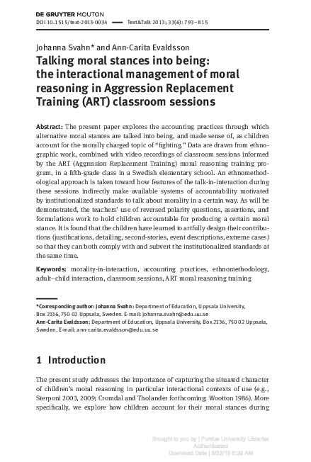 (PDF) Talking moral stances into being: the interactional management of ...