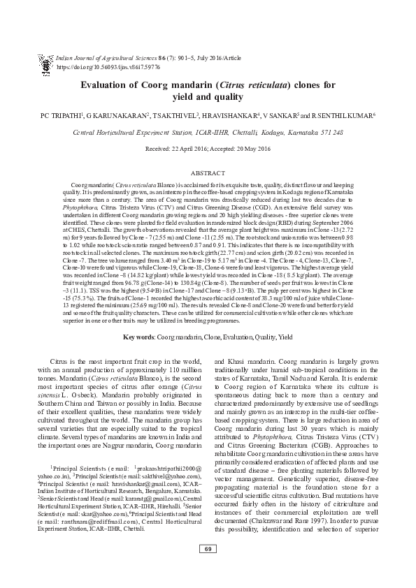 (PDF) Evaluation of Coorg mandarin (Citrus reticulata) clones for yield ...