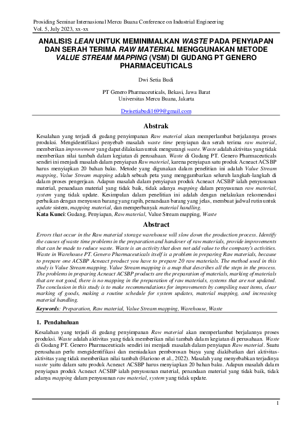 (PDF) ANALISIS LEAN UNTUK MEMINIMALKAN WASTE PADA PENYIAPAN DAN SERAH TERIMA RAW MATERIAL ...