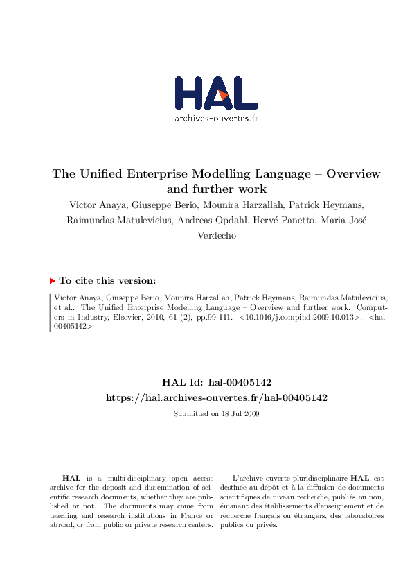 (PDF) The Unified Enterprise Modelling Language—Overview and further work