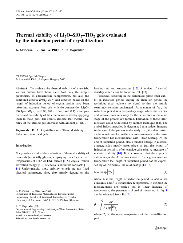 (PDF) Thermal stability of Li2O–SiO2–TiO2 gels evaluated by the ...
