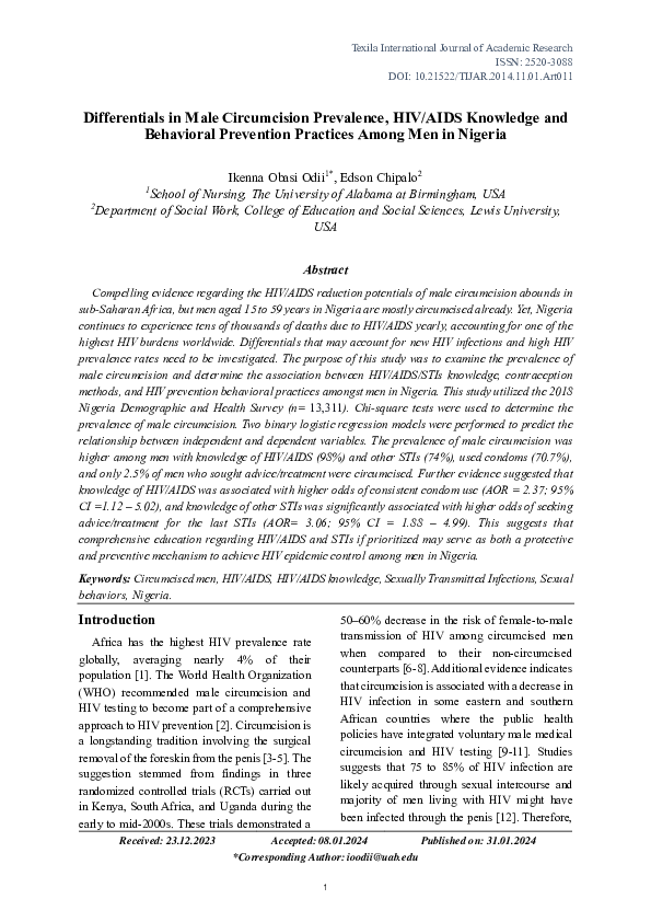 Pdf Differentials In Male Circumcision Prevalence Hivaids Knowledge 8927