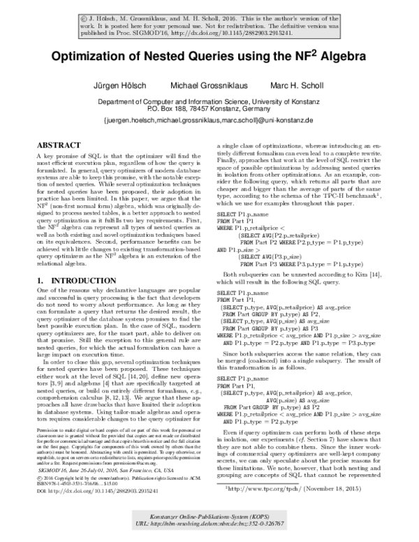 (PDF) Optimization of Nested Queries using the NF2 Algebra | Marc H. Scholl - Academia.edu