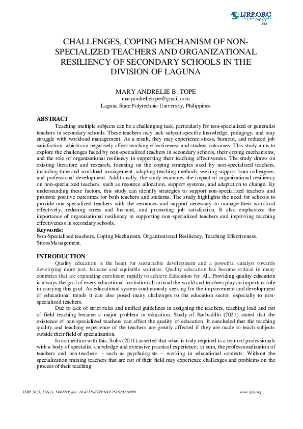 (PDF) Challenges, Coping Mechanism of Non-Specialized Teachers and ...