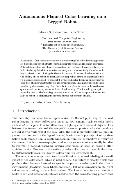 (PDF) Autonomous Planned Color Learning on a Legged Robot | Mohan Sridharan - Academia.edu