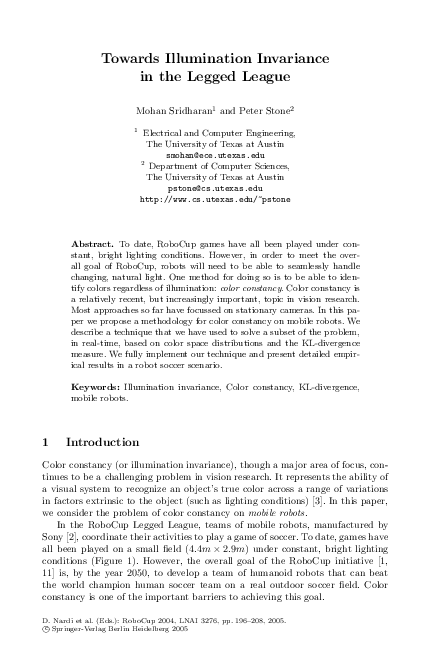 Pdf Towards Illumination Invariance In The Legged League Mohan Sridharan
