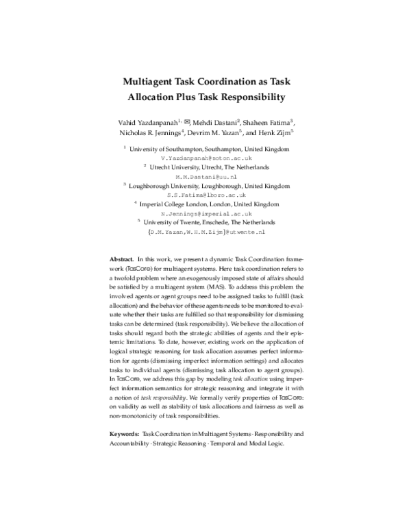 (PDF) Multiagent Task Coordination as Task Allocation Plus Task Responsibility