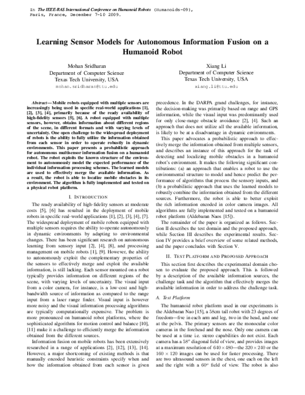 (PDF) Learning sensor models for autonomous information fusion on a humanoid robot | Mohan ...