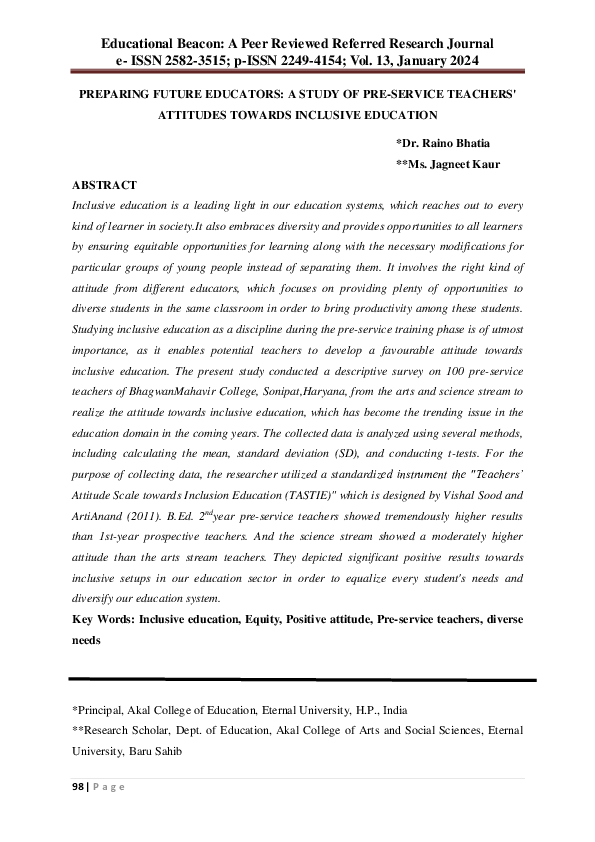 (PDF) PREPARING FUTURE EDUCATORS: A STUDY OF PRE-SERVICE TEACHERS' ATTITUDES TOWARDS INCLUSIVE ...