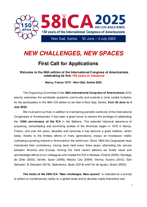 (PDF) 150 years of Congress of Americanists - ICA2025 - NEW CHALLENGES, NEW SPACES - First Call ...