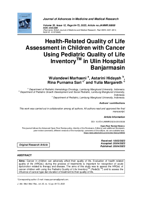 (PDF) Health-Related Quality of Life Assessment in Children with Cancer ...