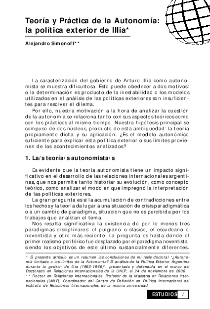 (PDF) Teoría y práctica de la autonomía: la política exterior de Illia