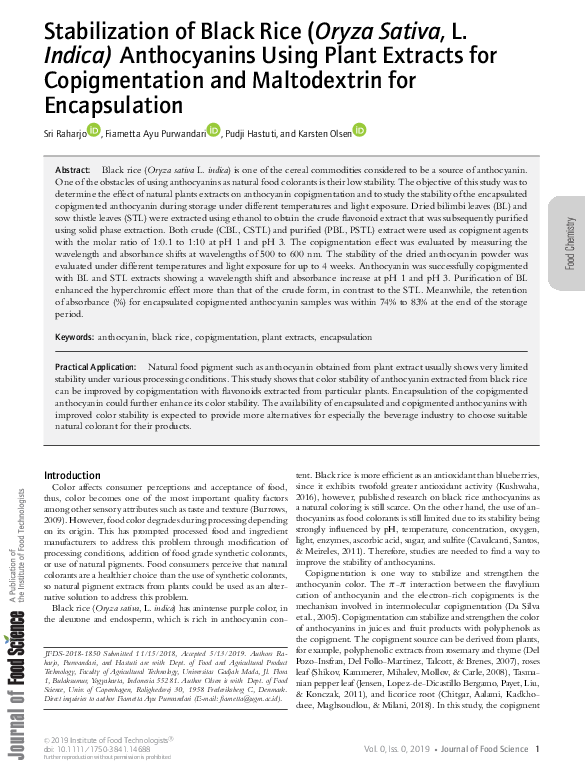 (PDF) Stabilization of Black Rice (Oryza Sativa, L. Indica) Anthocyanins Using Plant Extracts ...