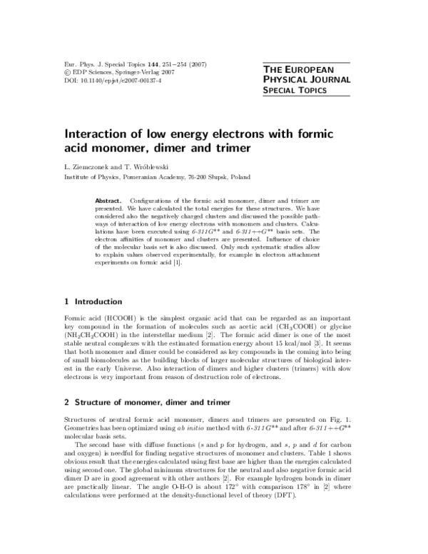 (PDF) Interaction of low energy electrons with formic acid monomer ...