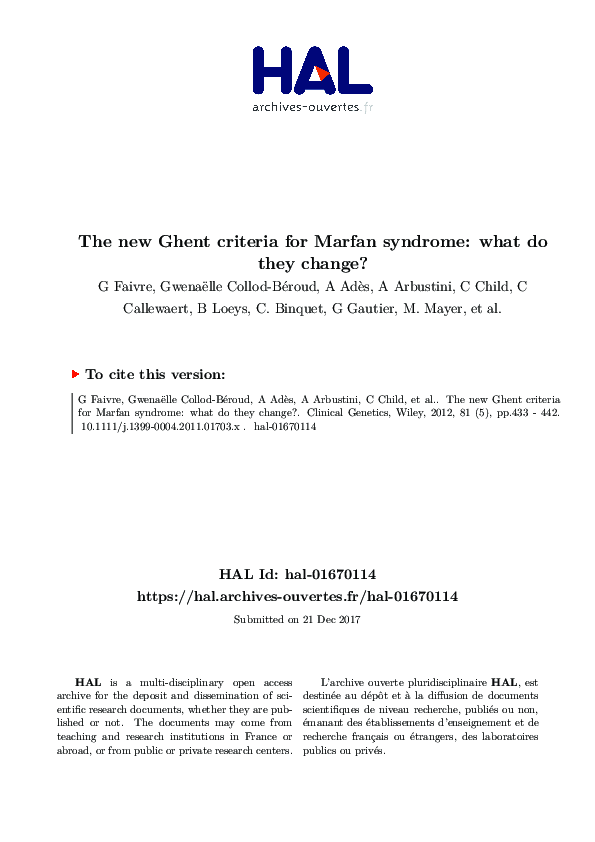 (PDF) The new Ghent criteria for Marfan syndrome: what do they change?