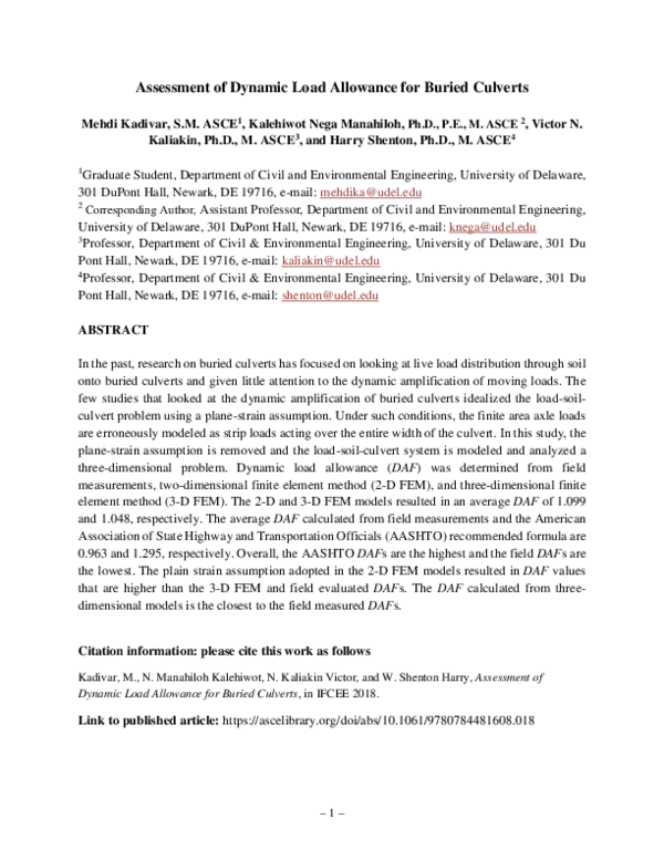 (PDF) Assessment of Dynamic Load Allowance for Buried Culverts
