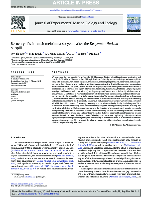 (PDF) Recovery of saltmarsh meiofauna six years after the Deepwater ...