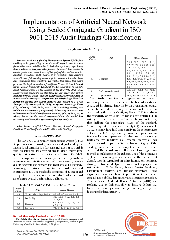 (PDF) Implementation of Artificial Neural Network using Scaled Conjugate Gradient in ISO 9001: ...