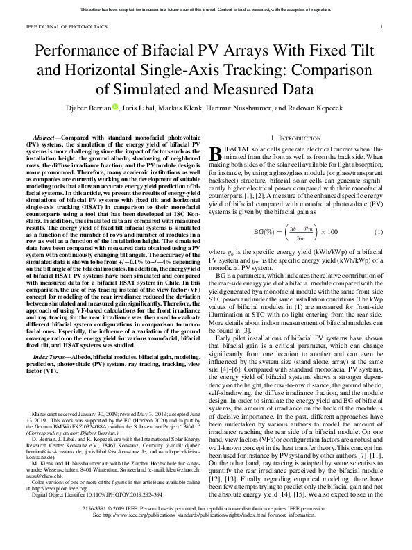 (PDF) Performance of Bifacial PV Arrays With Fixed Tilt and Horizontal Single-Axis Tracking ...
