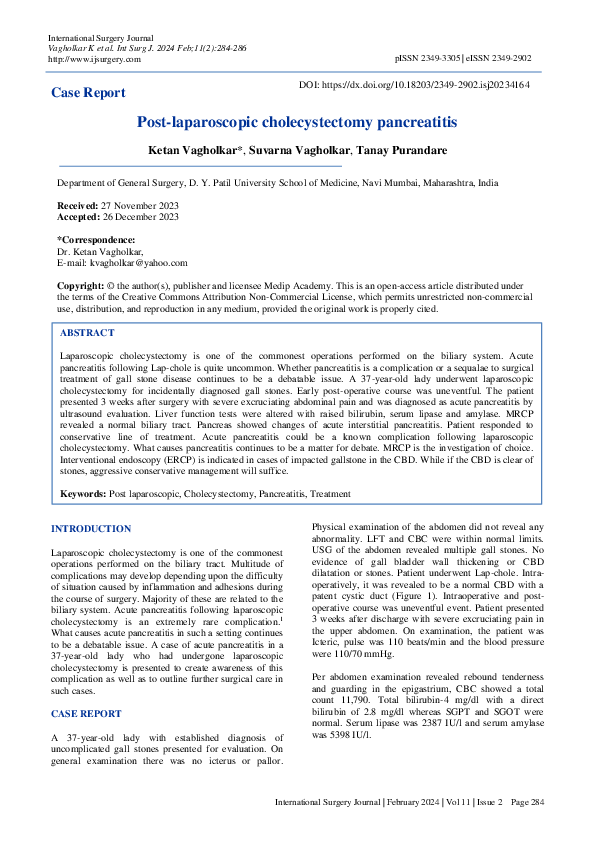 Pdf Post Laparoscopic Cholecystectomy Pancreatitis