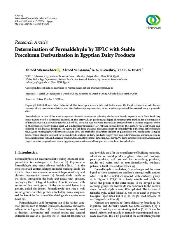 (PDF) Determination of Formaldehyde by HPLC with Stable Precolumn ...