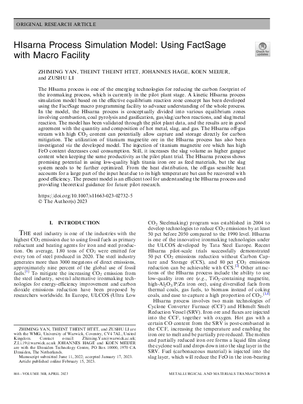 (PDF) HIsarna Process Simulation Model: Using FactSage with Macro Facility