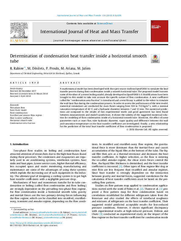 (PDF) Determination of condensation heat transfer inside a horizontal smooth tube