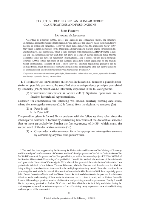 (PDF) Structure dependence and linear order: Clarifications and foundations