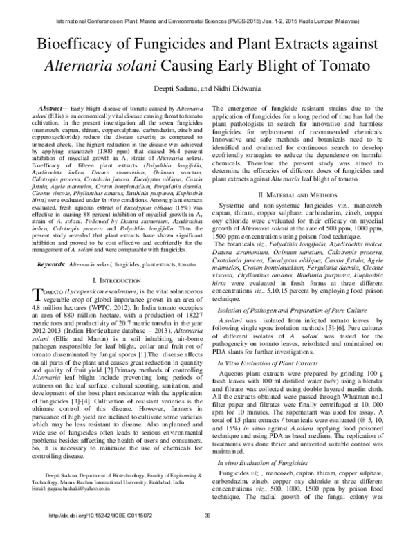 (PDF) Bioefficacy of Fungicides and Plant Extracts against Alternaria solani Causing Early ...