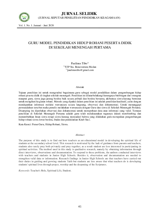 (PDF) Guru Model Pendidikan Hidup Rohani Peserta Didik DI Sekolah Menengah Pertama | Paulinus ...