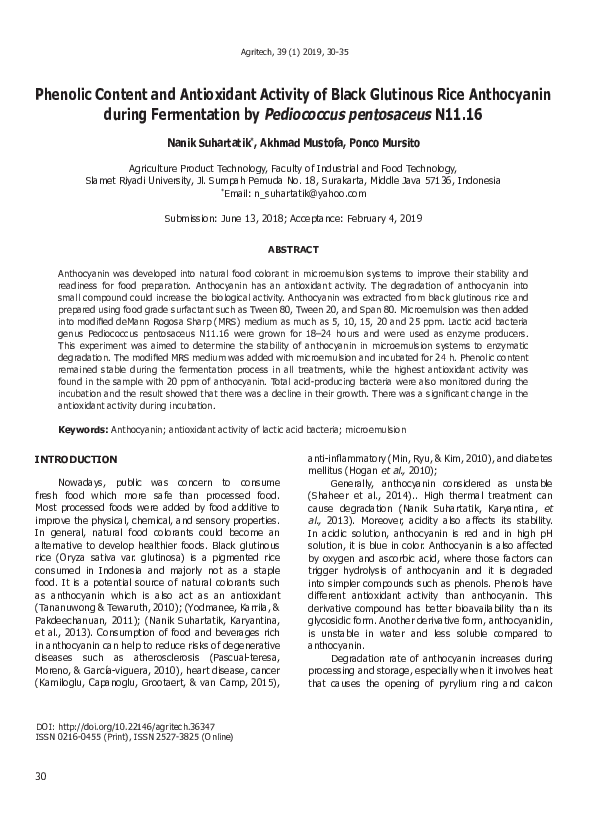 (PDF) Phenolic Content and Antioxidant Activity of Black Glutinous Rice Anthocyanin during ...