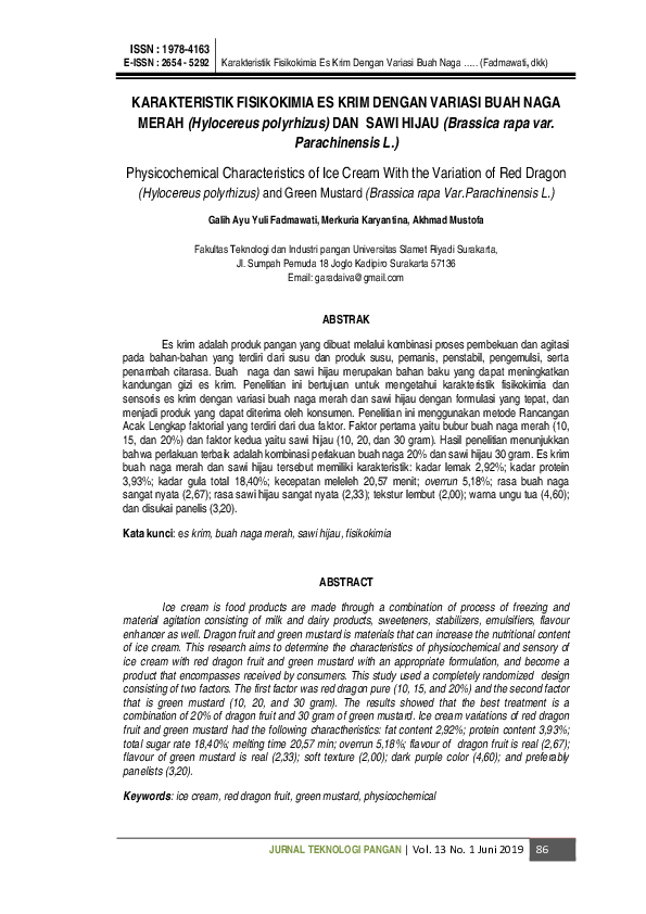 (PDF) KARAKTERISTIK FISIKOKIMIA ES KRIM DENGAN VARIASI BUAH NAGA MERAH (Hylocereus polyrhizus ...