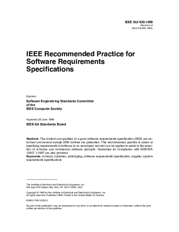 (PDF) IEEE Recommended Practice for Software Requirements Specifications