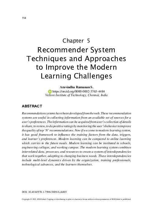 (PDF) Recommender System Techniques and Approaches to Improve the Modern Learning Challenges