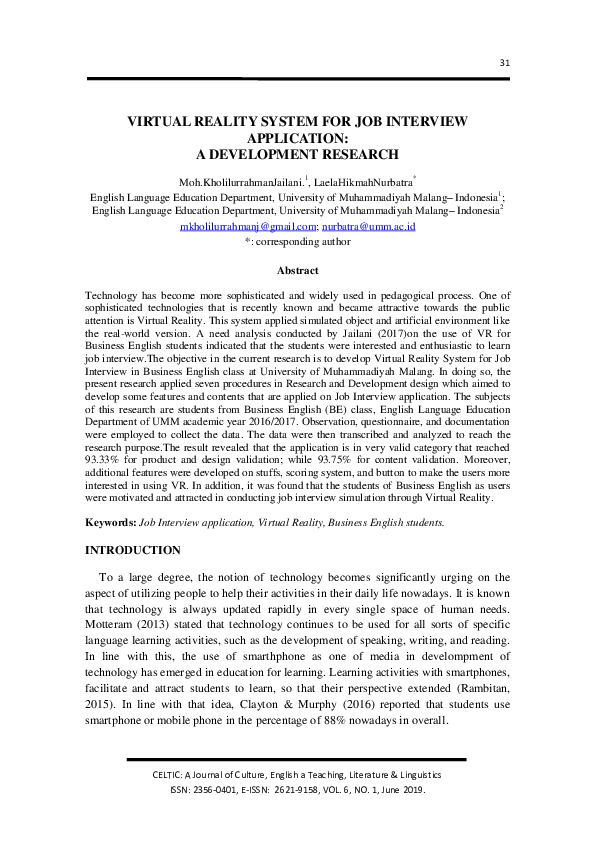 (PDF) Virtual Reality System for Job Interview Application: A Development Research