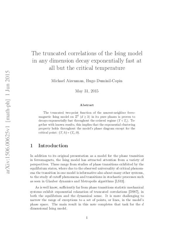 (PDF) The truncated correlations of the Ising model in any dimension decay exponentially fast at ...