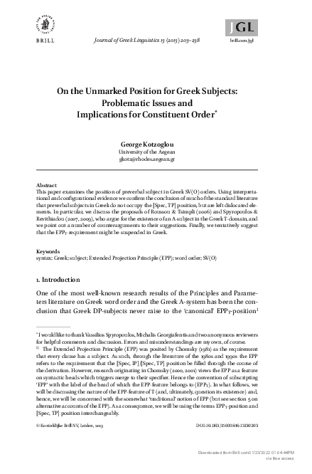 (PDF) On the Unmarked Position for Greek Subjects: Problematic Issues ...