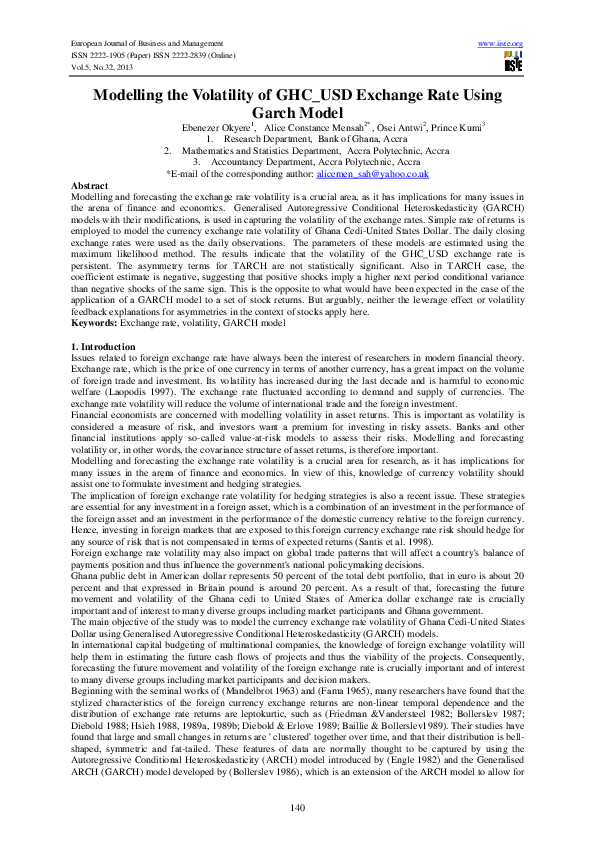(PDF) Modelling the Volatility of GHC_USD Exchange Rate Using Garch Model
